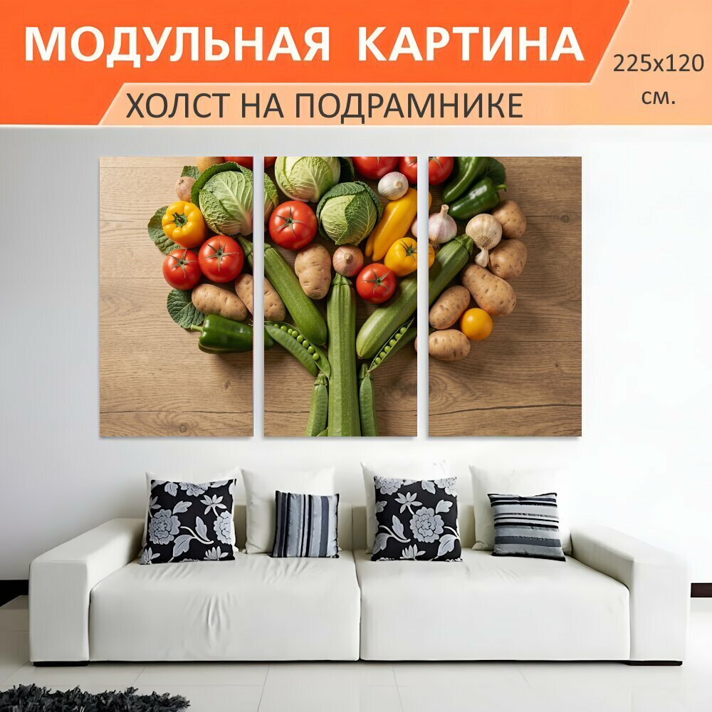 Модульная картина на холсте "Изображение представляет собой креативную композицию в виде дерева, выполненную из разнообразных овощей." триптих на подрамнике 225х120 см. для интерьера