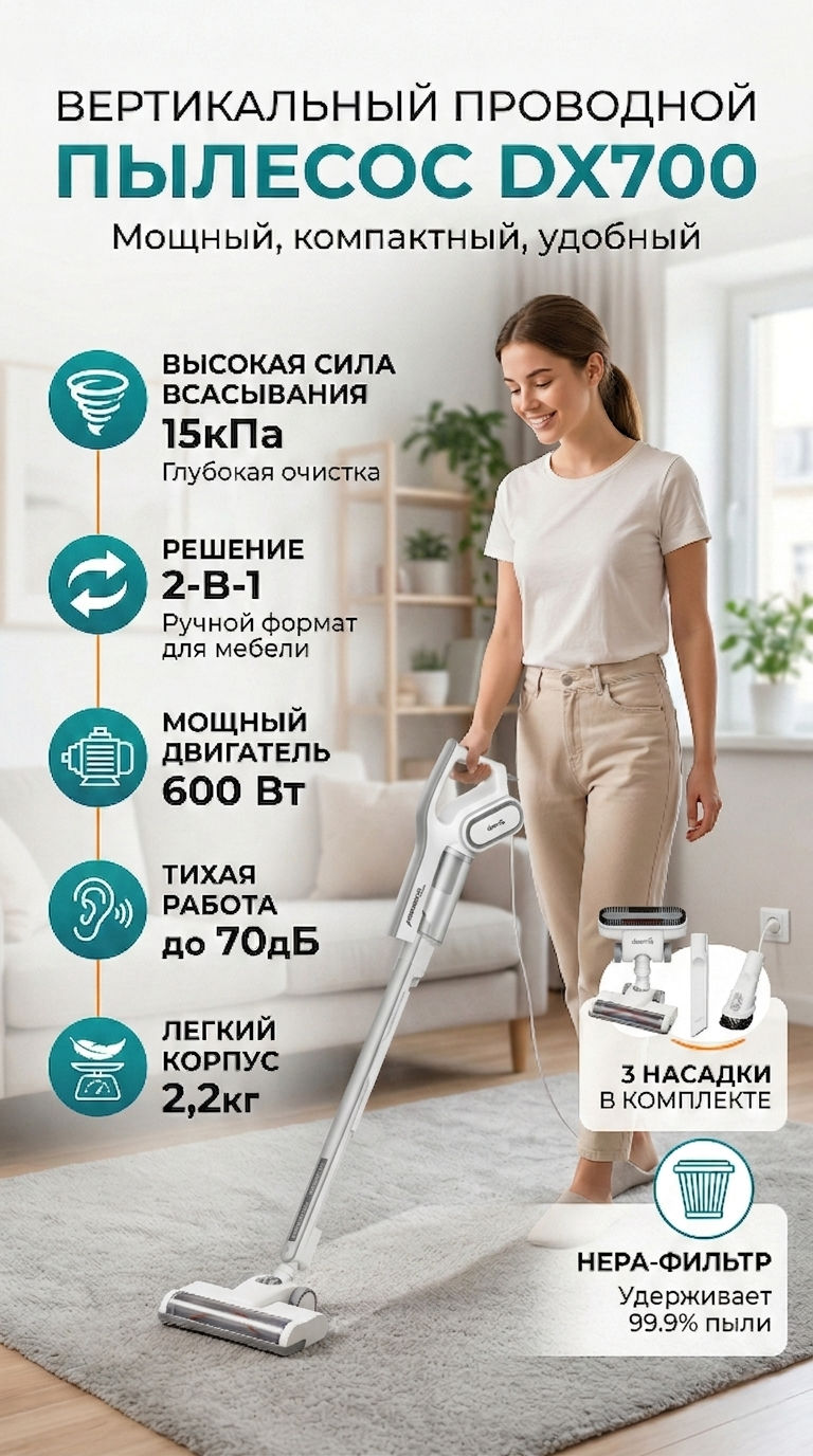 Пылесос вертикальный проводной DX700, 3 насадки в комплекте, HEPA-фильтр, ручной формат для мебели, мощный, белый