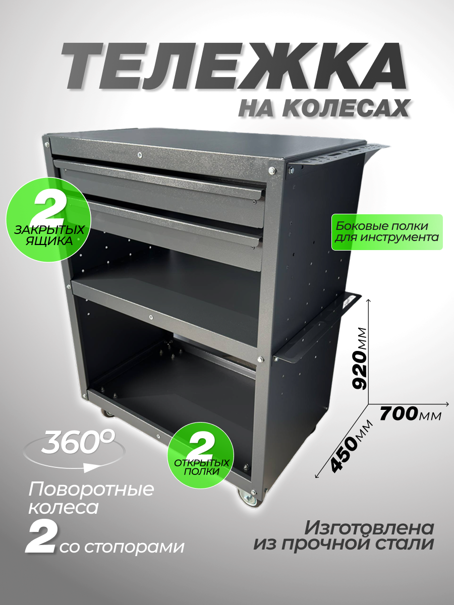 Тележка инструментальная, 2 ящика, 2 полки, с ручкой, с колесами, синяя