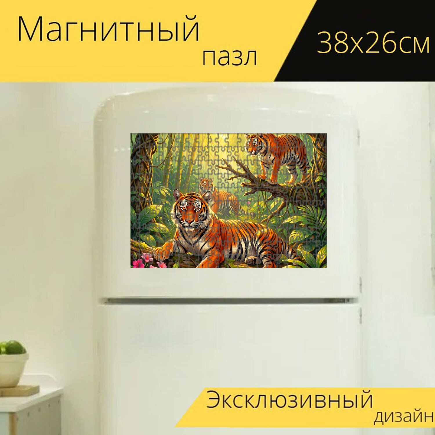 Магнитный пазл "Тигры в тропических джунглях. Яркая иллюстрация с хищными кошками среди густых лиан, бамбука и тропической зелени. Золотистый свет, сочные." для интерьера, 38х26 см.