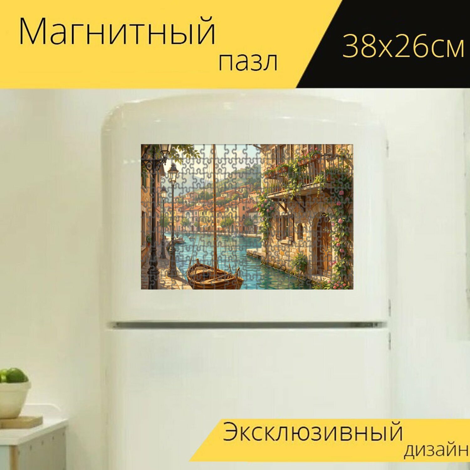 Магнитный пазл "Уютный канал в средиземноморском городке. Солнечный прибрежный пейзаж с узкой водной улицей, каменными домами, цветущими балконами и лодкой." для интерьера, 38х26 см.