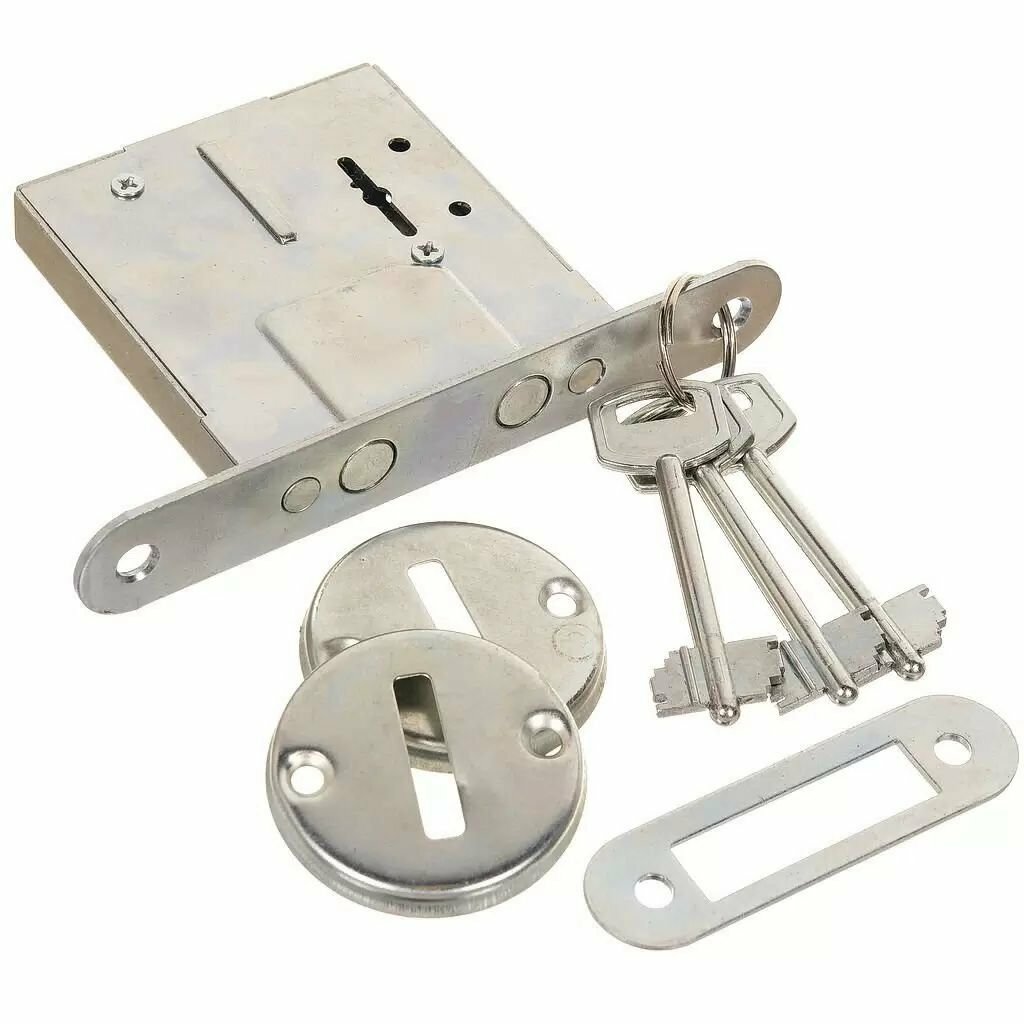 Замок врезной Омега ЗВ8-42Р сувальдный, стальной, без ручки, хром, 3 ключа в комплекте, надежный механизм для дверей