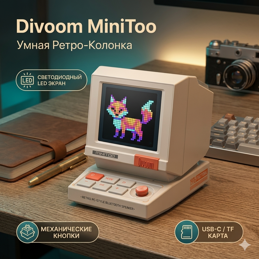Беспроводная смарт-колонка Divoom MiniToo Retro светодиодный LED экран USB-C TF. Эстетичный подарок и декор для стола