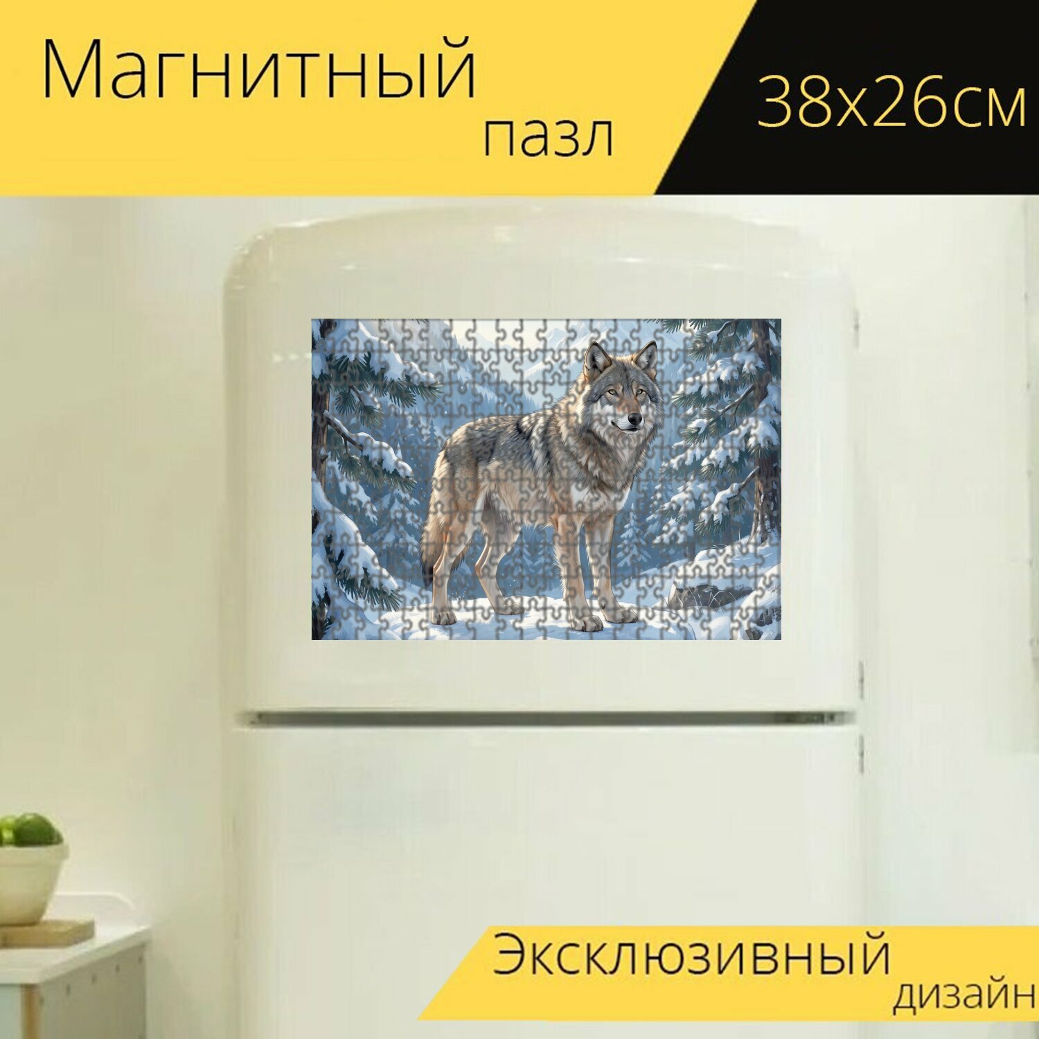 Магнитный пазл "Волк в зимних горах. Серый хищник стоит на заснеженной скале среди хвойного леса и альпийских вершин. Цифровая иллюстрация в холодных." для интерьера, 38х26 см.