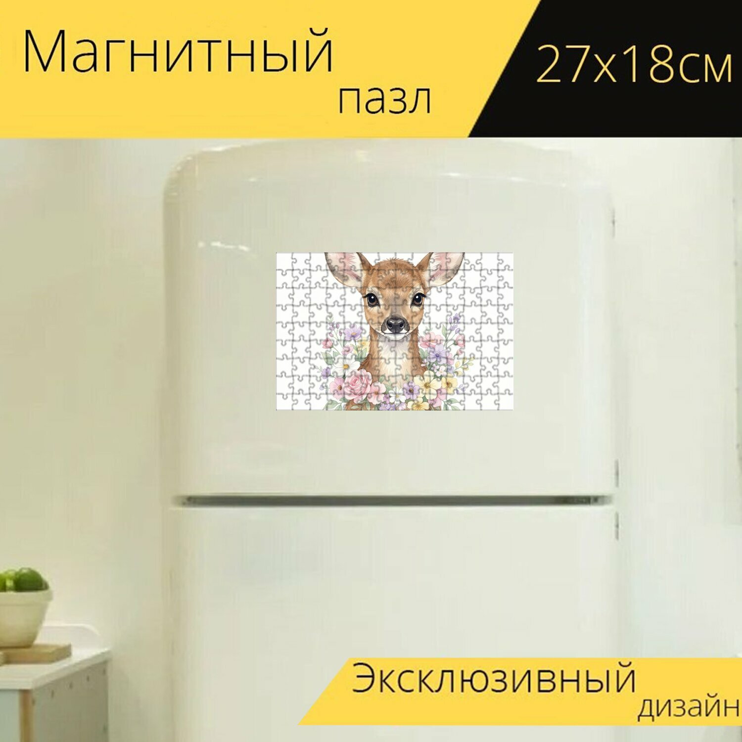 Магнитный пазл "Олененок с цветочным венком. Нежная акварельная иллюстрация с милой лесной косулей в окружении пастельных розовых, сиреневых, белых и." на холодильник 27 x 18 см.