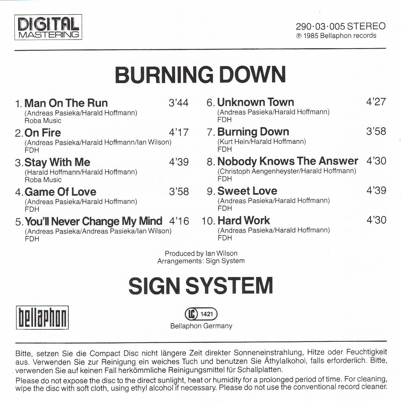 SIGN SYSTEM, 1985, Burning Down, 4 -page CD-Аудио — фото 1