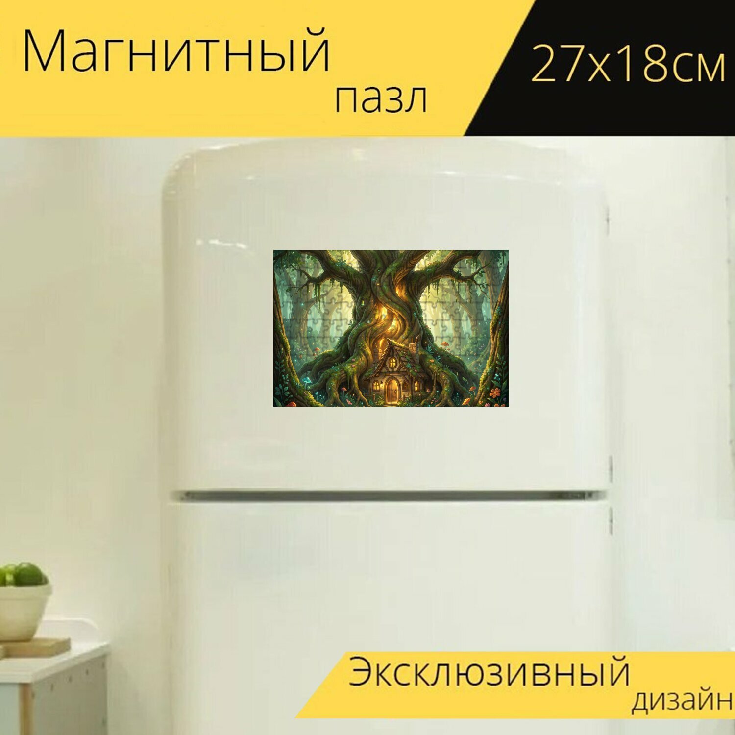 Магнитный пазл "Сказочный домик в древнем дереве. Волшебный лесной пейзаж с уютным жилищем в корнях гигантского ствола, мягким золотым светом, мхом." на холодильник 27 x 18 см.