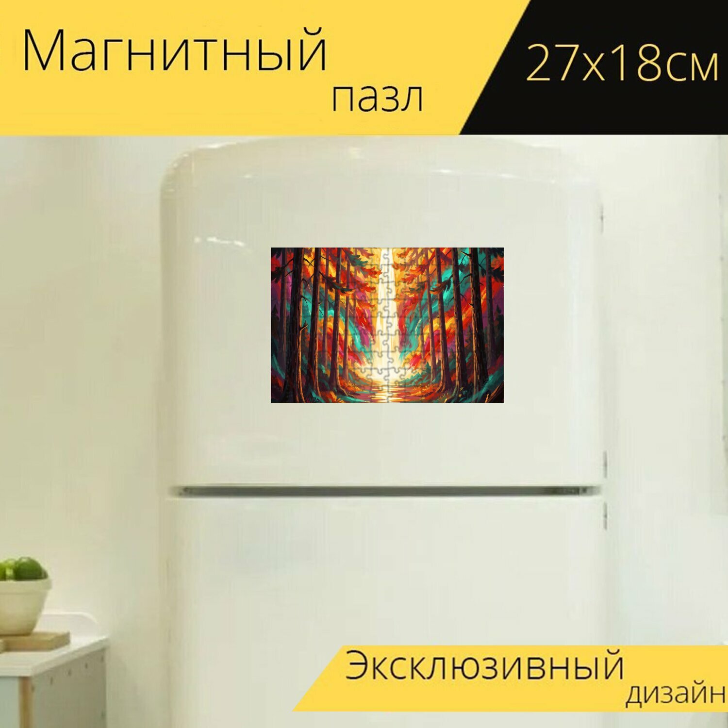 Магнитный пазл "Лесной водопад в ярких красках. Фантазийный хвойный бор с сияющим каскадом, цифровая живопись в оранжевых, бирюзовых, красных и." на холодильник 27 x 18 см.