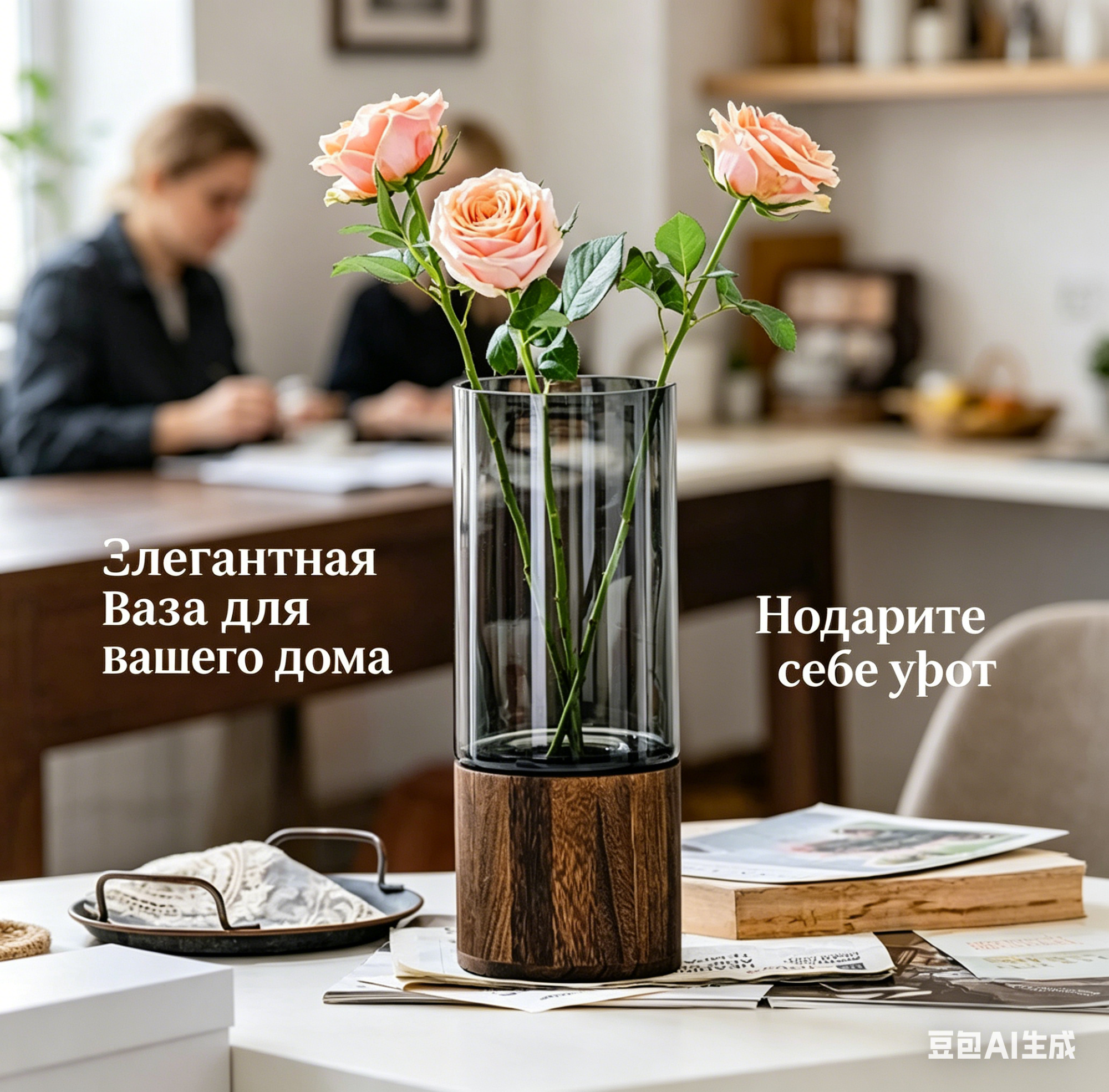 Простая и креативная стеклянная ваза с деревянной подставкой для дна, высотой 25 см, дымчато-серого цвета