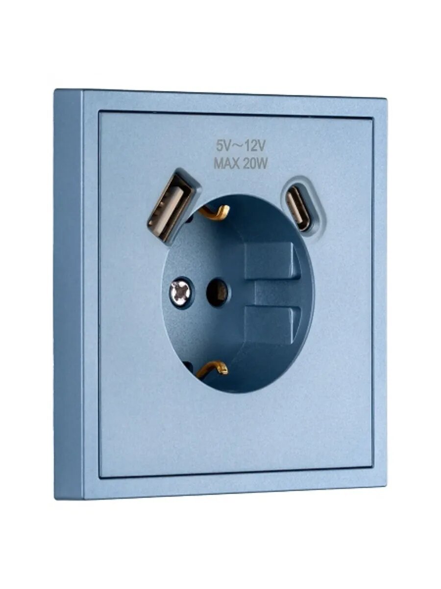 Розетка одноместная с зазем. USB+Type-C 16А арктическая