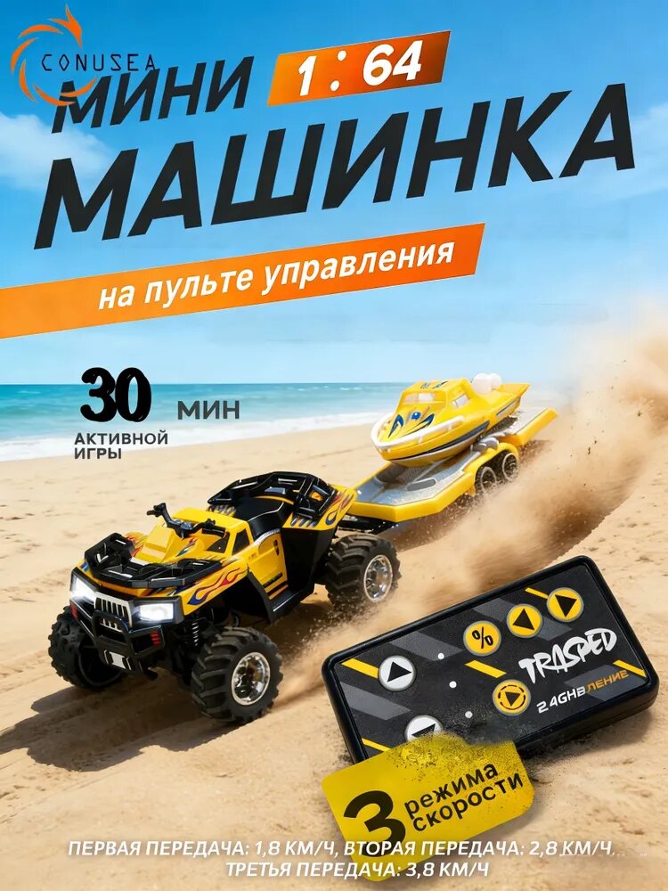 Машинка на пульте управления для мальчика, Мини Джип на радиоуправлении с фарами и подсветкой 1:64, гоночная модель для детей / CONUSEA