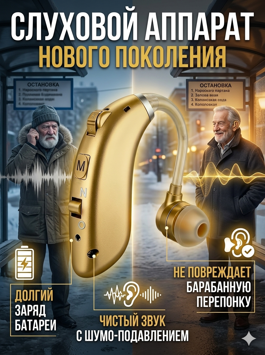 Накладной слуховой прибор с зарядным устройством для пожилых и взрослых