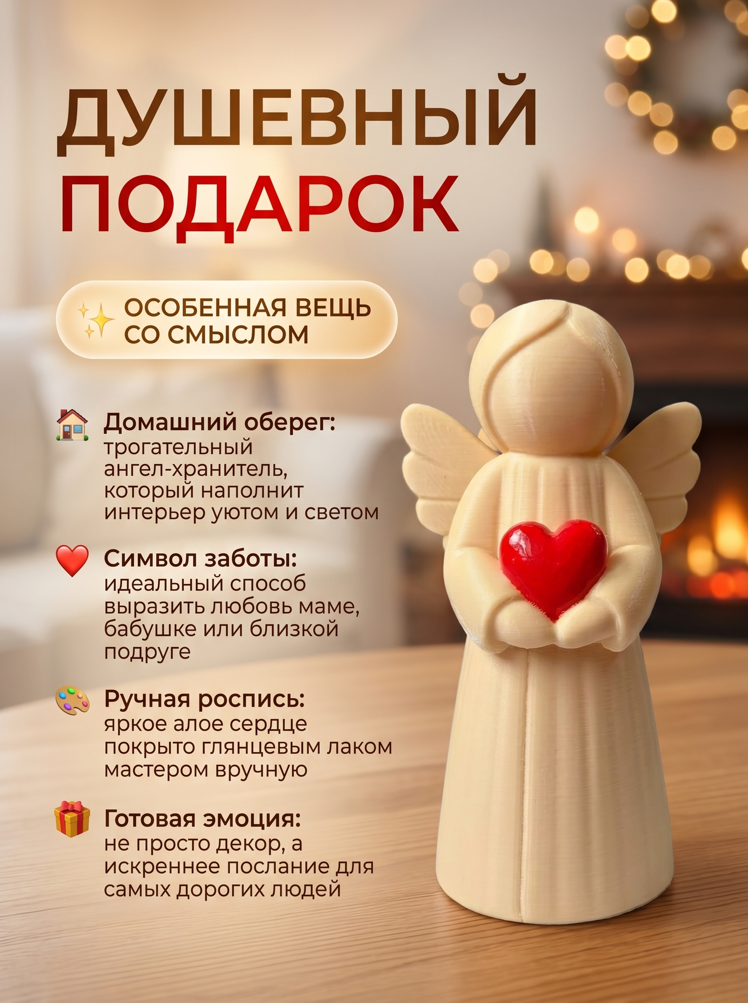 Ангелок для интерьера "Ангел хранитель очага", высота 12см, матовый бежевый