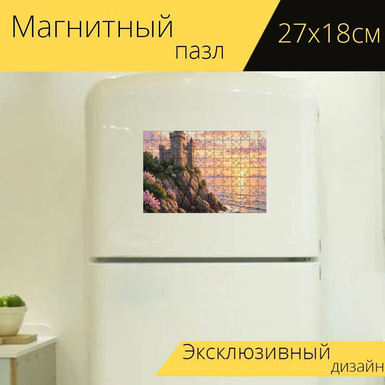 Магнитный пазл "Замок на морском утёсе. Сказочный средневековый бастион на скалистом берегу у спокойного моря, закатное небо с розово-золотыми облаками." на холодильник 27 x 18 см.