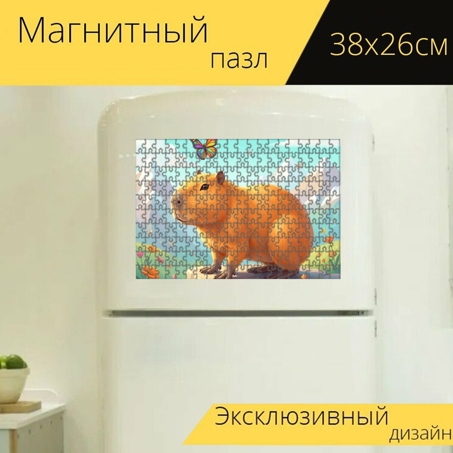 Магнитный пазл "Капибара в горах с бабочкой. Милый крупный грызун на камне среди альпийских вершин и ярких цветов, цифровая иллюстрация в пастельных тонах." для интерьера, 38х26 см.