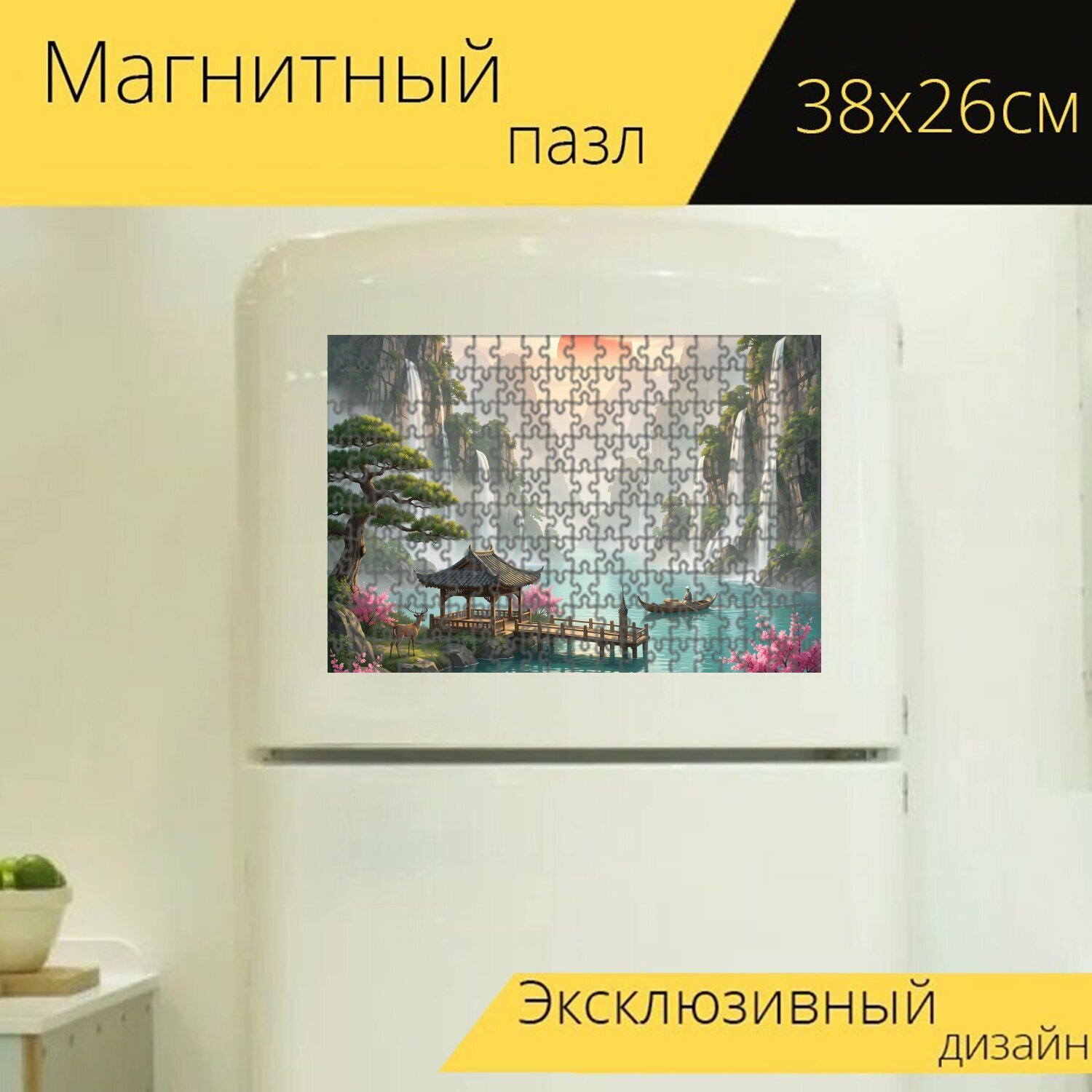 Магнитный пазл "Восточный пейзаж с водопадами. Сказочная азиатская долина с бирюзовой водой, пагодой у берега, лодкой, цветущей сакурой, журавлем и оленем." для интерьера, 38х26 см.