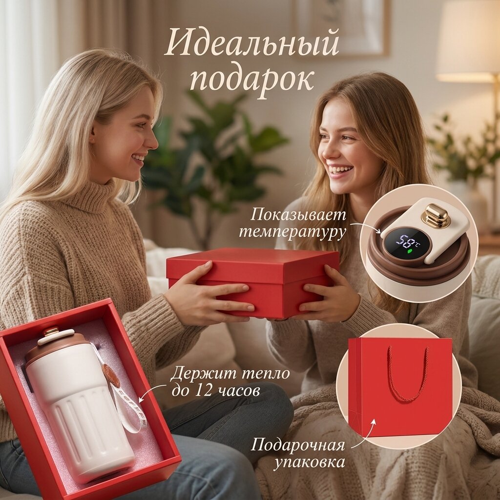 Термокружка для чая и кофе с дисплеем температуры в подарочной коробке