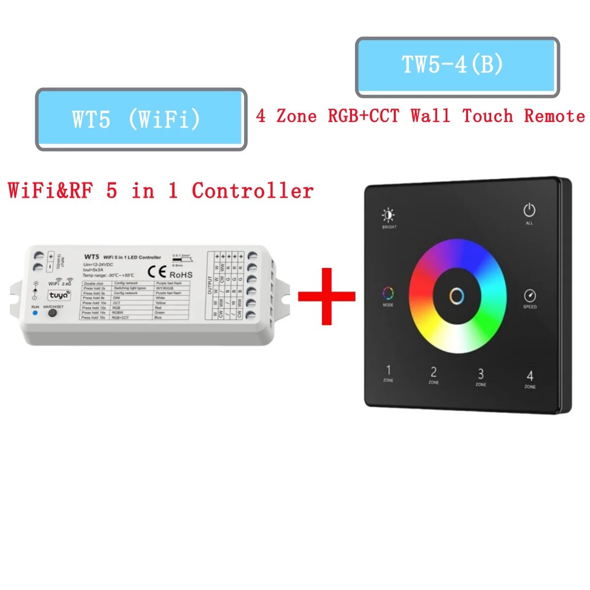 WT5 WiFi RGB+CCT контроллер + TW5-4(B) 4-зонный сенсорный пульт