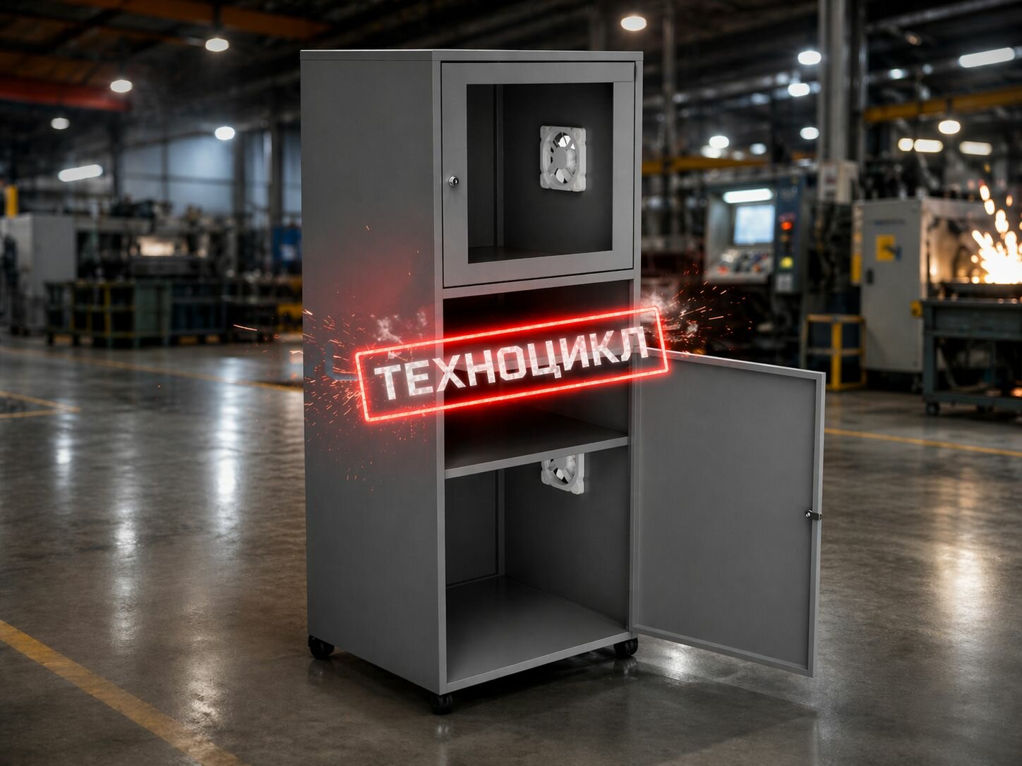 Компьютерный шкаф ШКМ-04 техноцикл 1550х800х650 мм (ВхШхГ), с вентиляторами, стальной, RAL 7035, в сборе