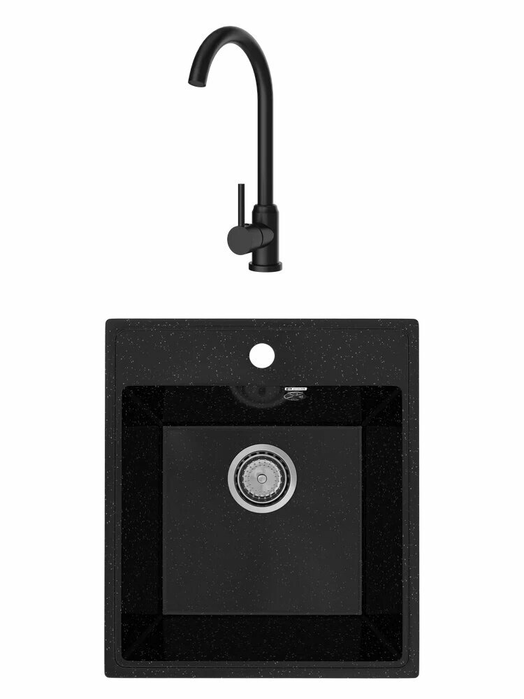 Комплект Мойка Practik PR-M 425-004 42x48, черный оникс, искусственный мрамор / Смеситель Domaci Ливорно DMC02000BK, матовый черный