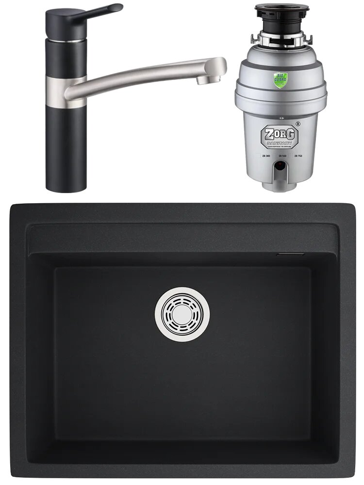 Комплект Мойка Emar Quartz EMQ-1640. Q Оникс / Смеситель 3011.12 Оникс / Измельчитель Zorg Inox D ZR-75 D