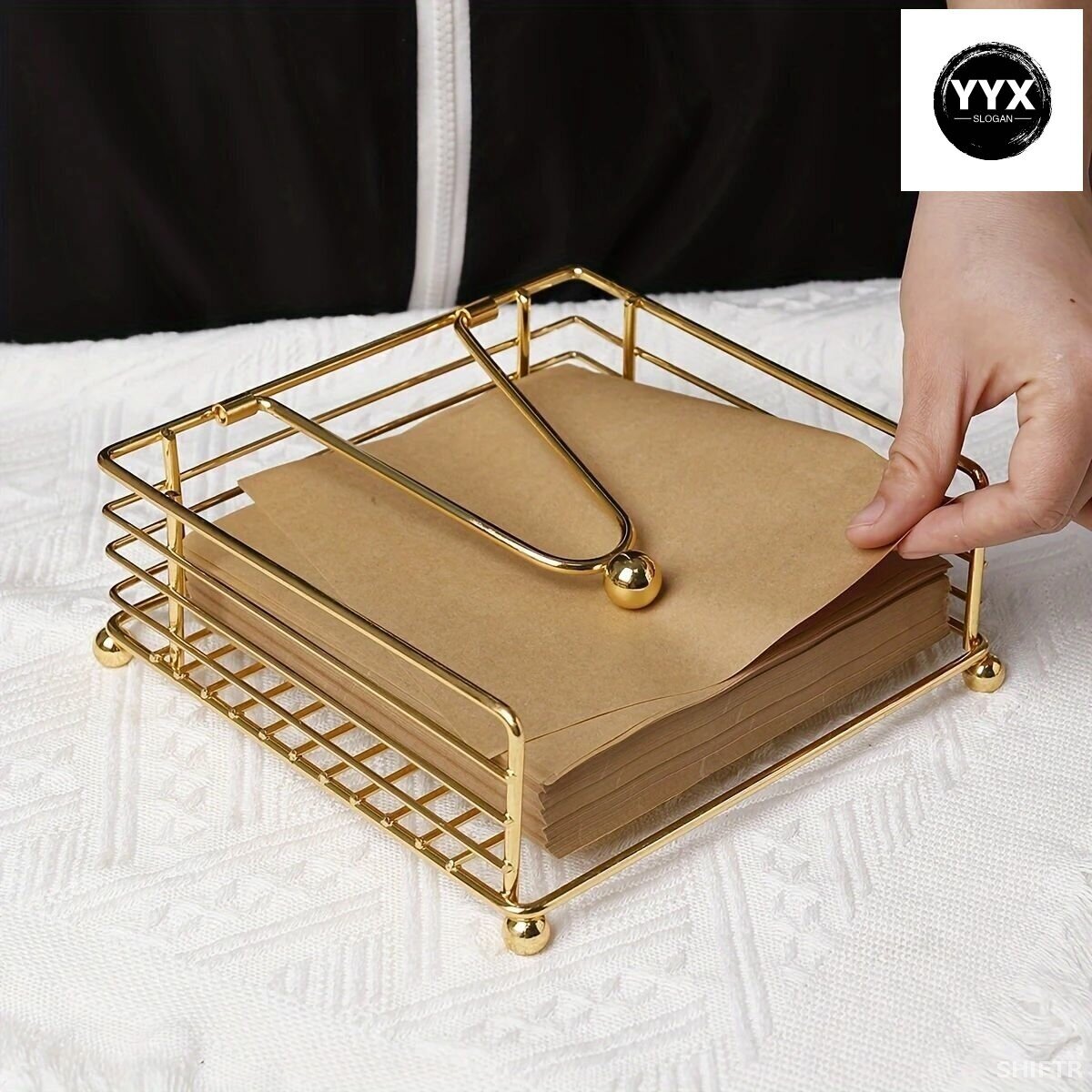 Салфетница на стол металлическая золотая кухонная подставка лофт, держатель для бумажных салфеток.