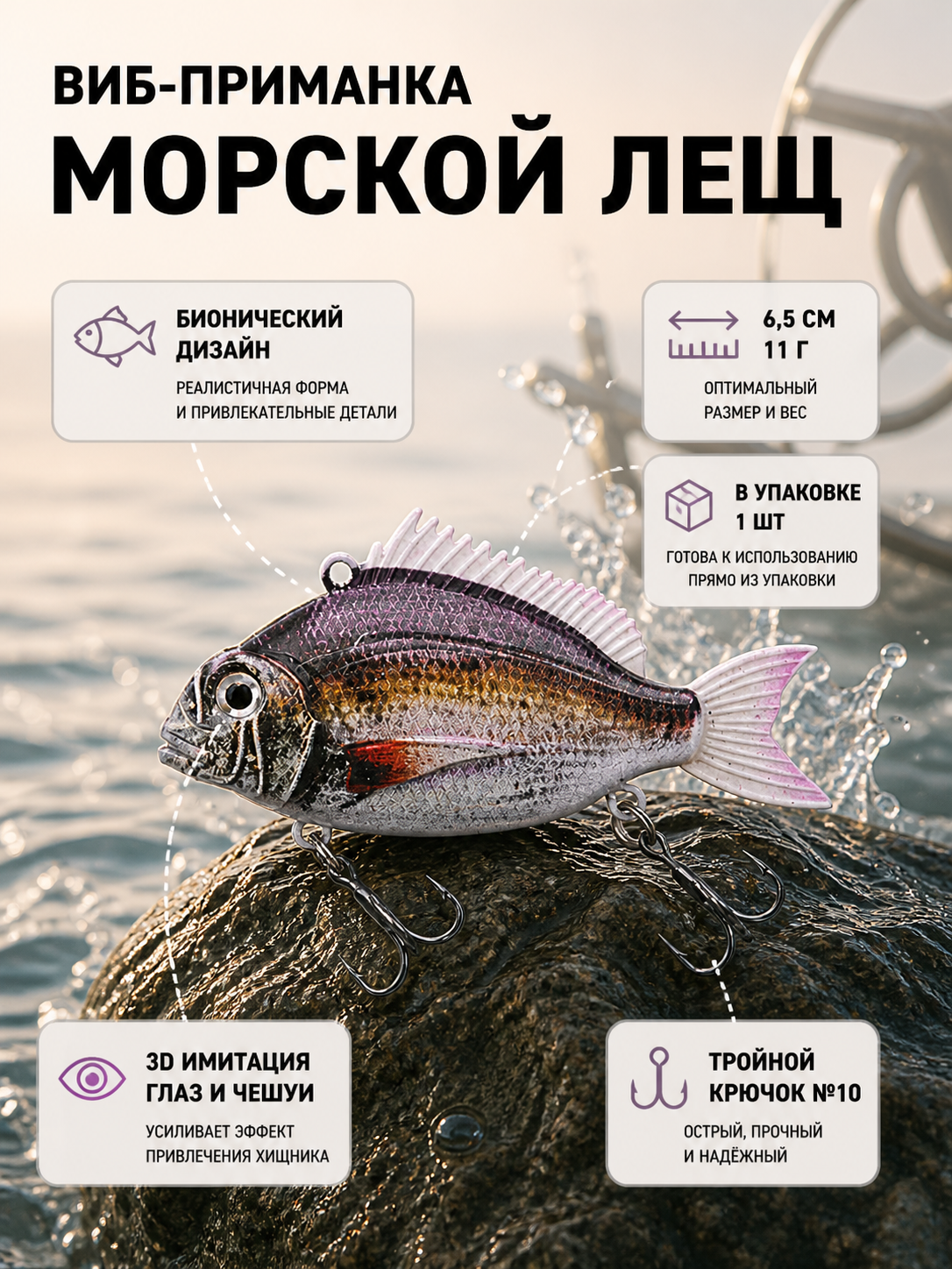 Рыболовная 3D вибрационная виб-приманка (VIB), имитация морского леща, тонущая для дальнего заброса, с тройным крючком 6,5 см/11 г, темно-розовая-белая