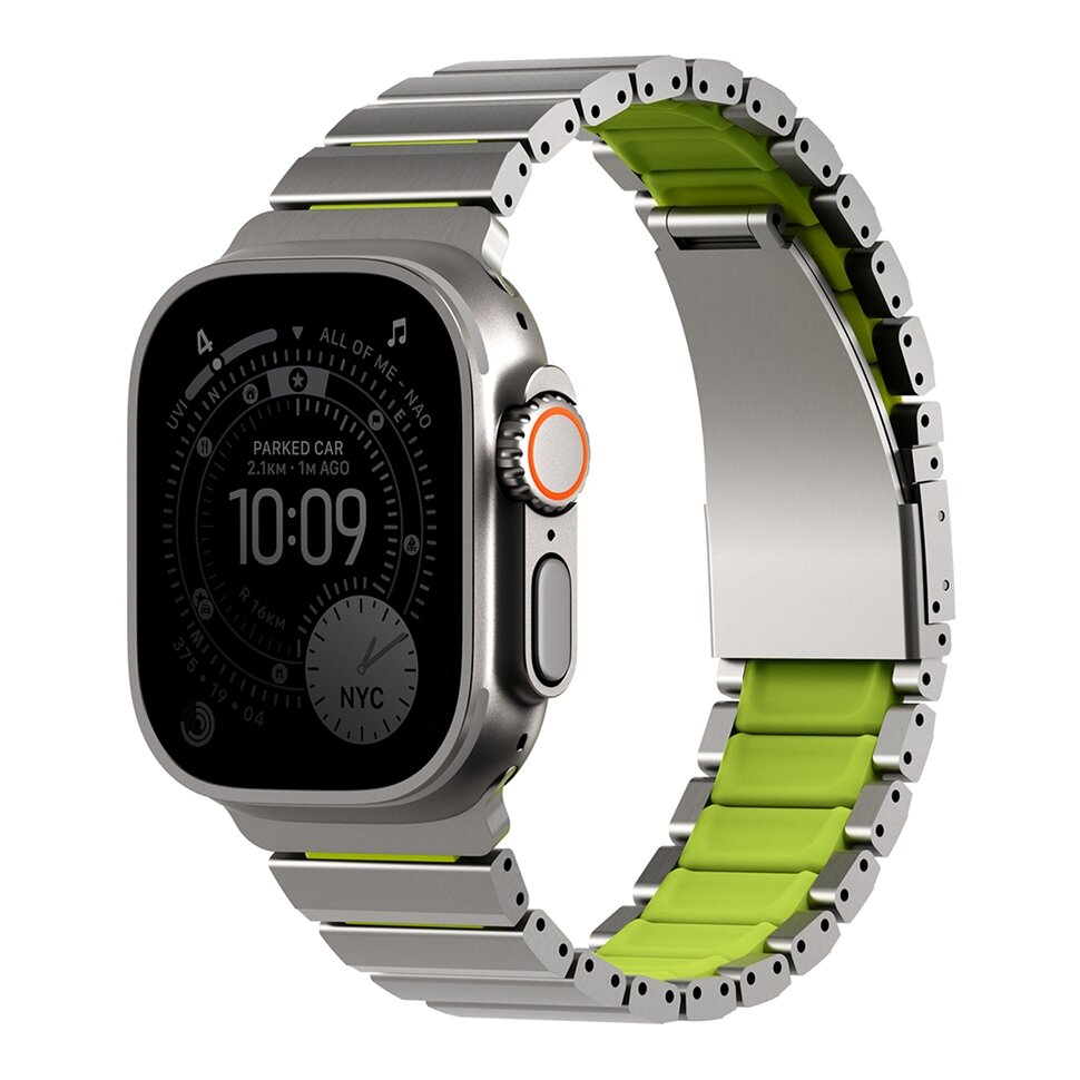 Uniq стальной ремешок для Apple Watch 49/46/45/44 mm, Strova Flex Titanium Silver/Lime Green