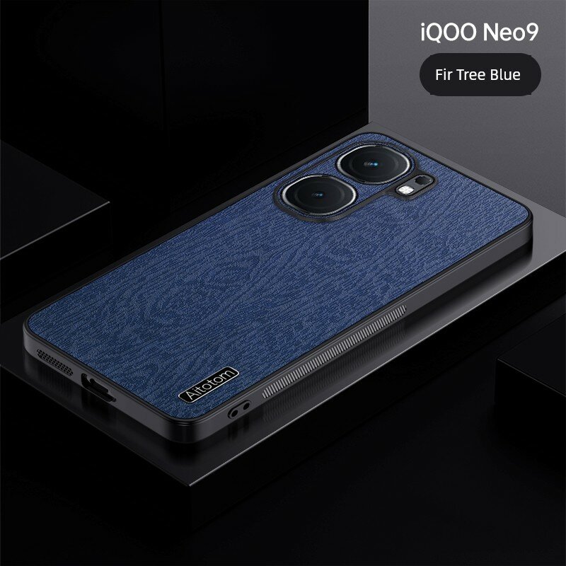 Чехол с деревянным узором для iQOO Neo8 Pro в цвете кедрово-синий с защитным стеклом HD