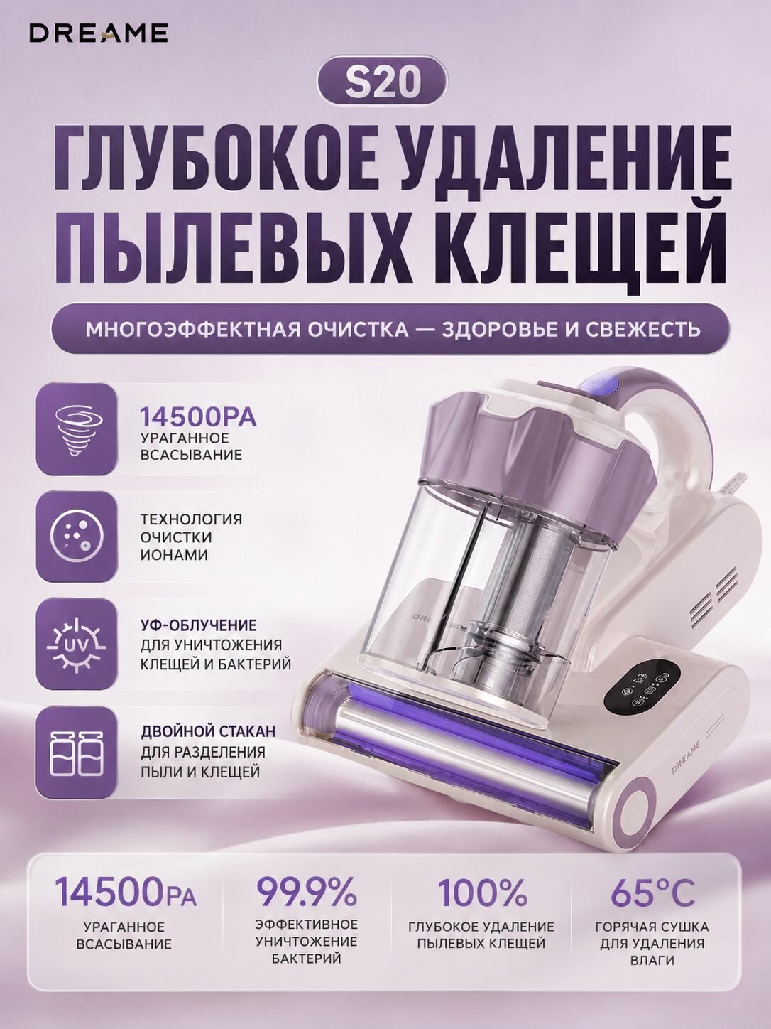 Dreame Пылесос для удаления клещей S20, ионизация, горячий воздух 65C, 14500 Па, для матрасов