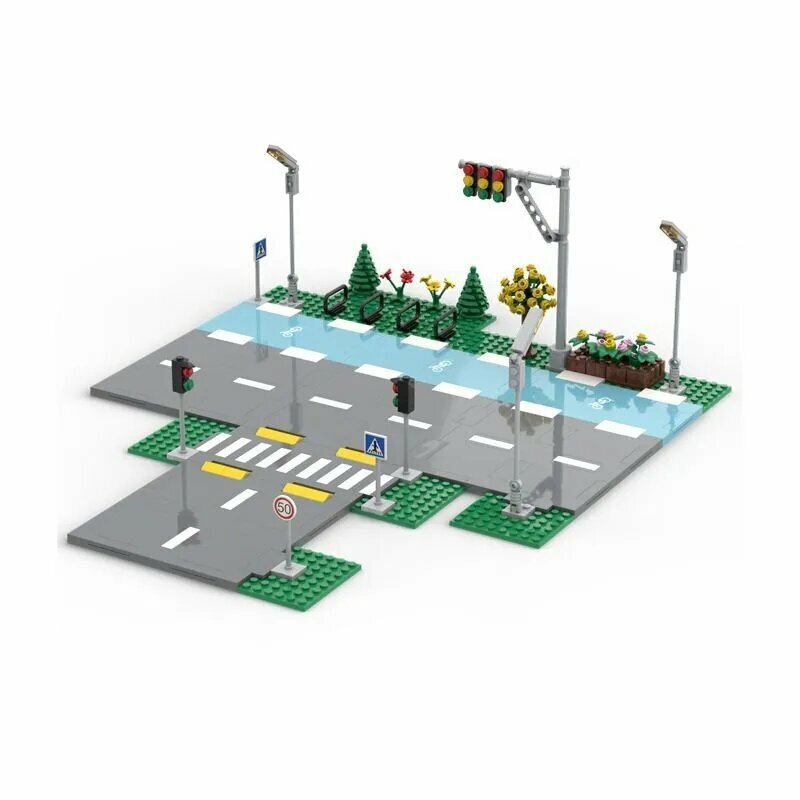 MOC совместим с мелкими гранулированными строительными блоками, городской серией 60304 дорожных подложек, подходящих для строительства дорог с уличным видом.