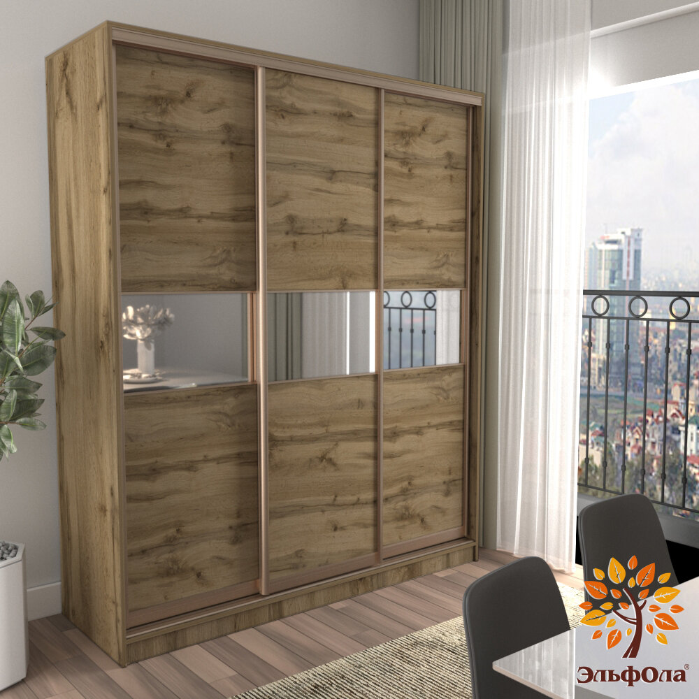 ЭльфОла Шкаф-купе "Гамма" 175х60х220 см, цвет вотан/золото, с зеркалом, для одежды, трехдверный
