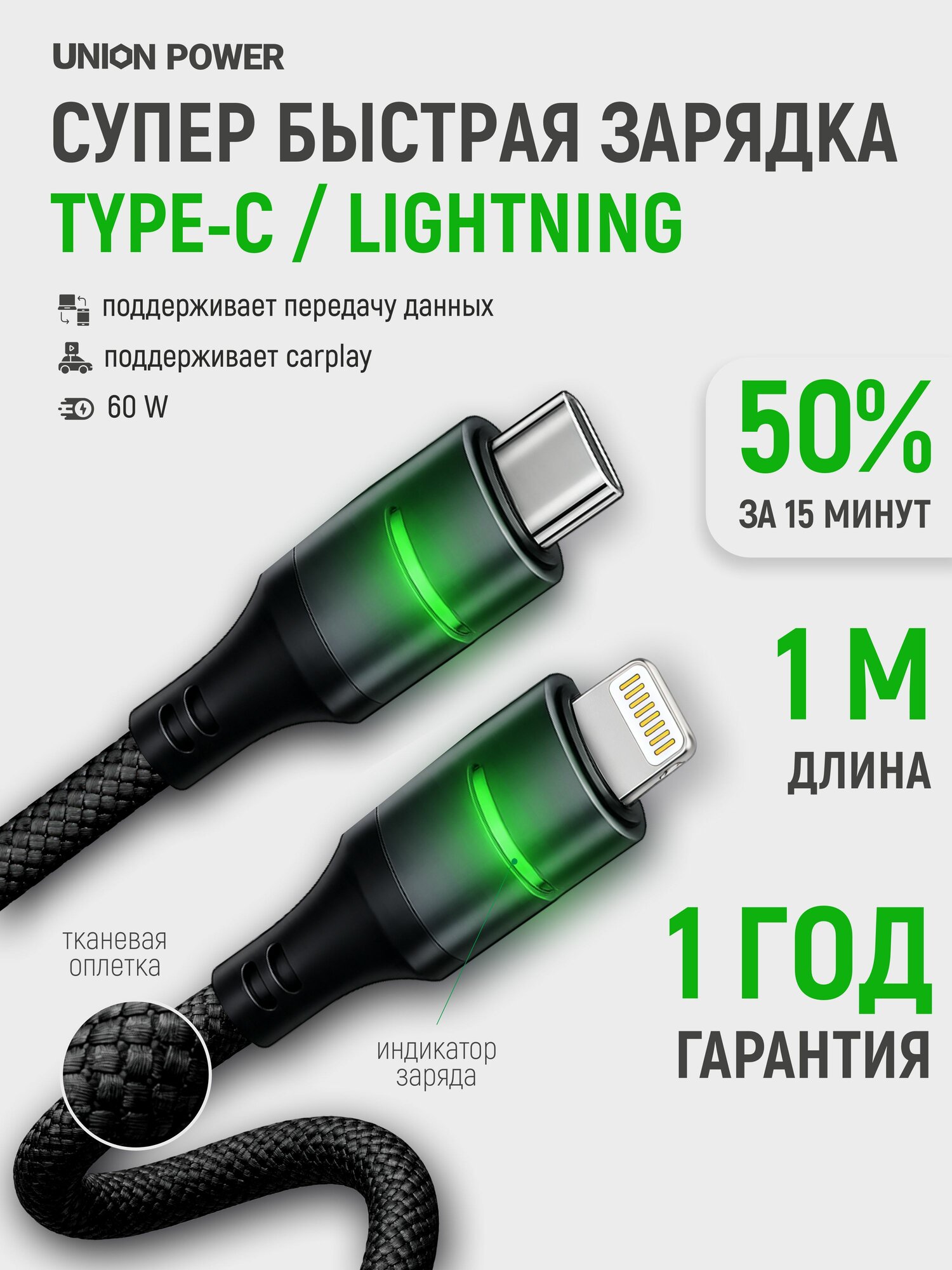 Кабель type-c lightning 1 метр в тканевой оплетке / провод для айфона / для carplay / черный - Union