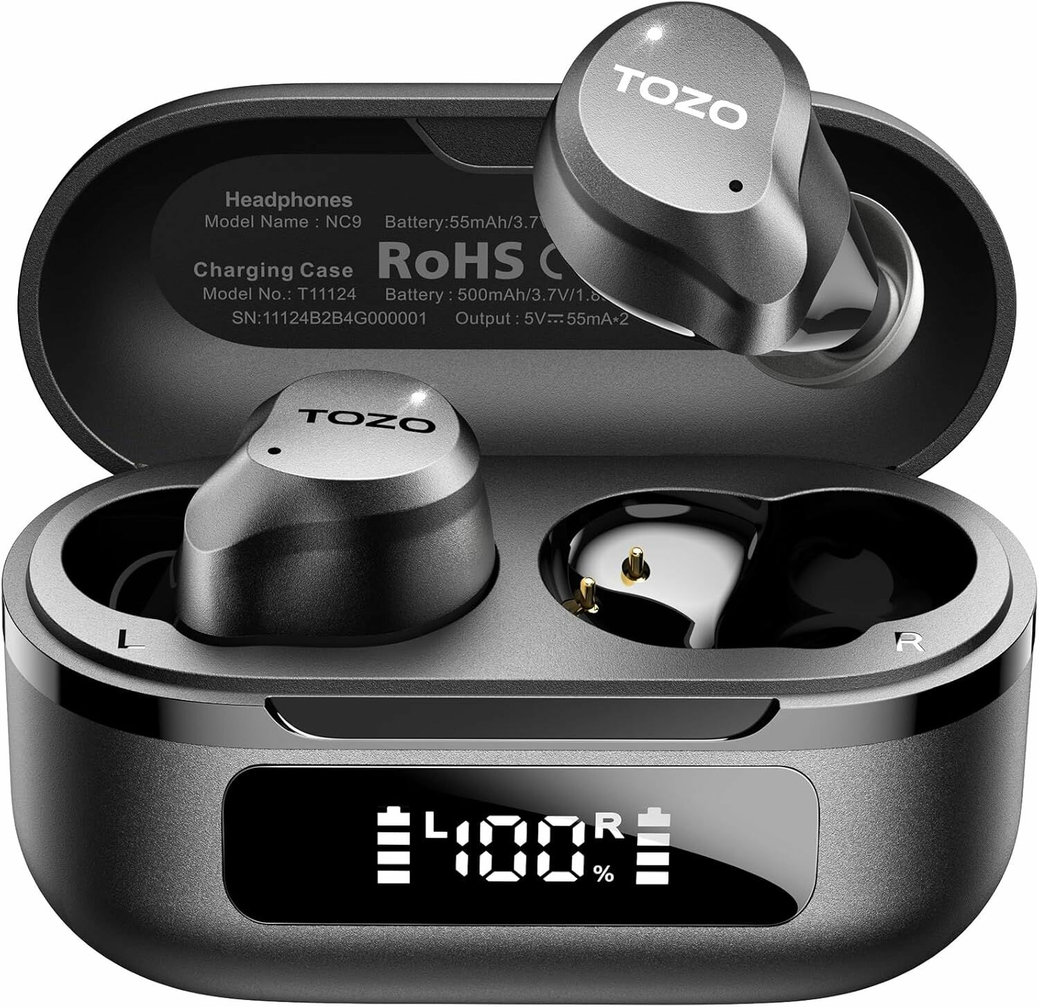 Tozo Наушники беспроводные с микрофоном Беспроводные наушники-вкладыши TOZO NC9 с гибридным активным шумоподавлением, водонепроницаемостью по стандарту IPX8, Bluetooth 5.3, автономностью 60 часов и поддержкой 32 режимов эквалайзера, Bluetooth, черный