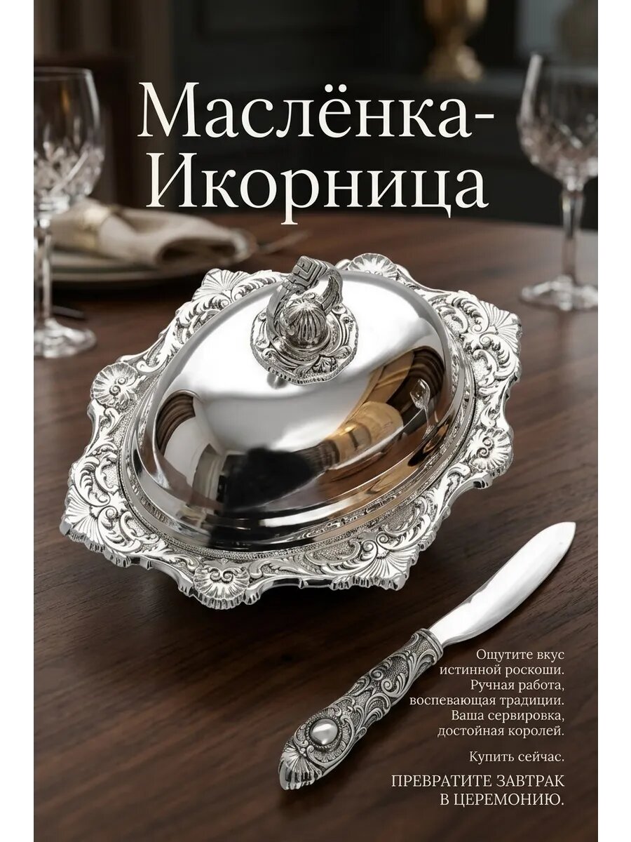 Масленка икорница для сливочного масла с ножом и стеклянным блюдцем внутри. Высококачественная сталь.