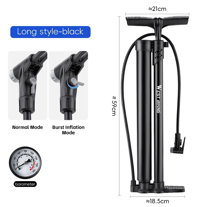 WEST BIKING Портативный двухтрубный насос для велосипедов 160PSI Long Style Black