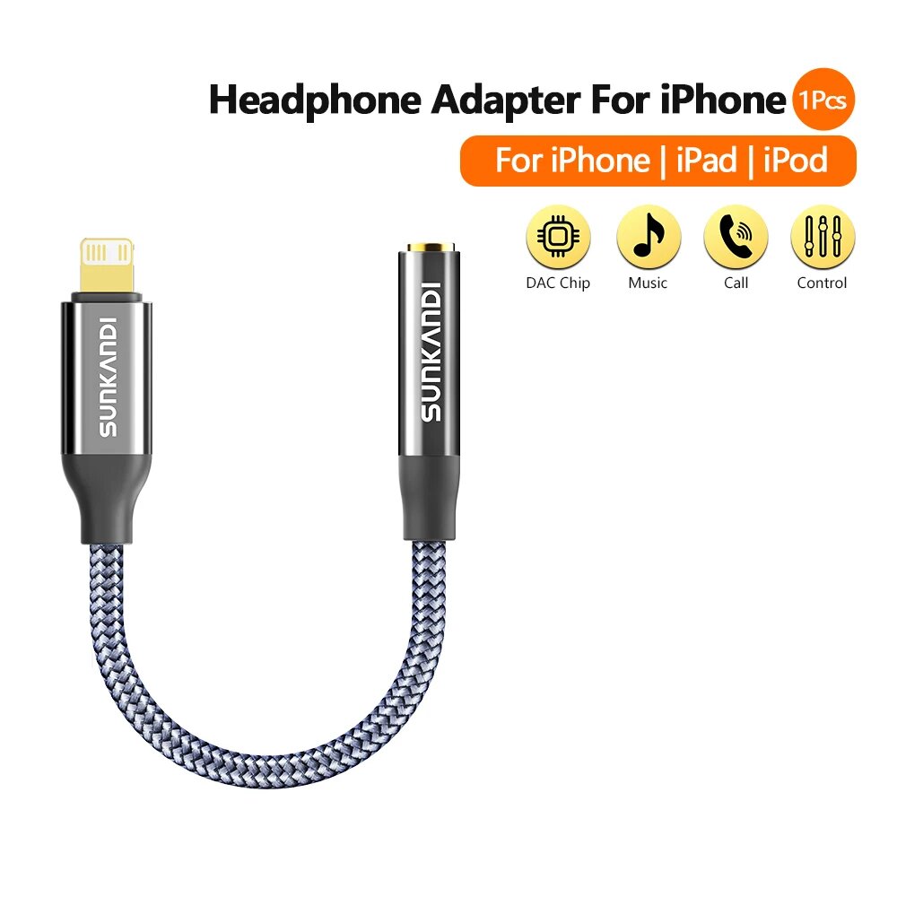 Адаптер SUNKANDI Lightning на разъем для наушников 3,5 мм для iPhone, Aux-адаптер для iPhone 14 13 12 11 X XS 8 7