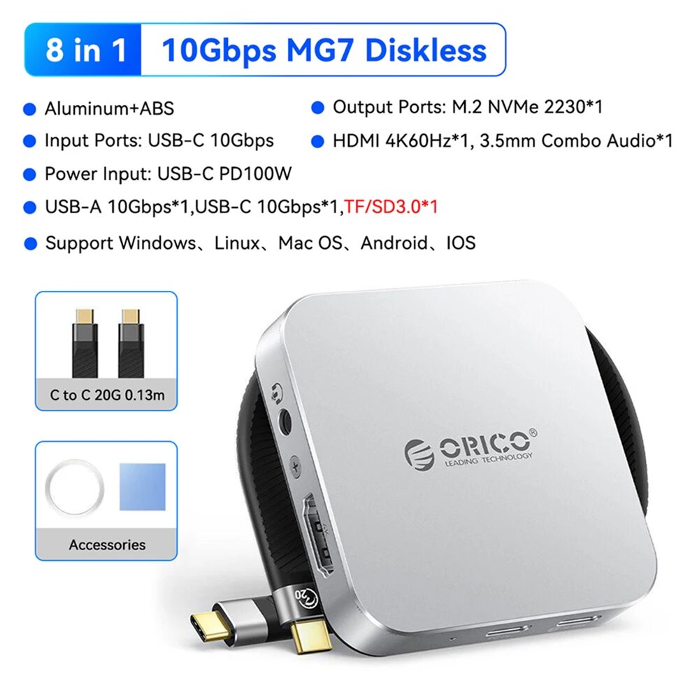 ORICO 8-в-1 USB-хаб Type-C 10 Гбит/с 8 in 1 Silver