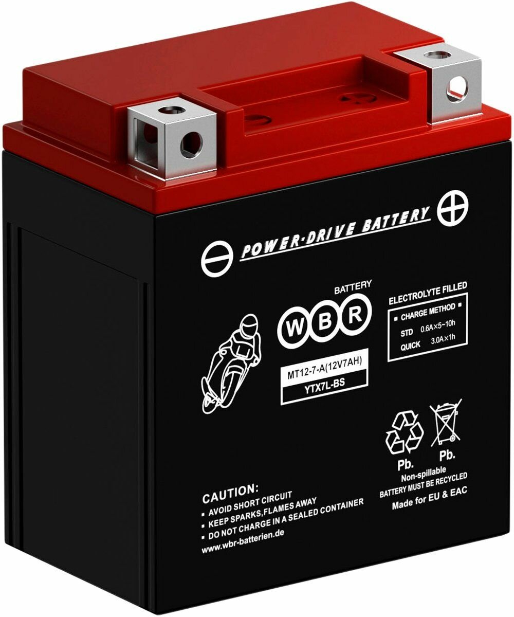 Мото аккумулятор WBR 12В 7 А/ч (12V7Ah) (YTX7L-BS, СТ1207.1)
