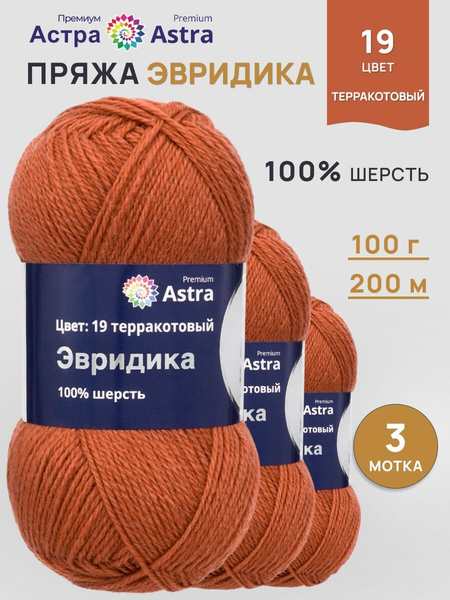 Пряжа для вязания Astra Premium 'Эвридика' 100г, 200м (100% овечья шерсть) (19 терракотовый), 3 мотка