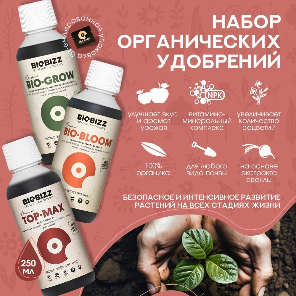 Удобрения для домашних растений BioBizz Indoor Pack (Bio-Grow, Bio-Bloom, Top-Max) 250 мл.