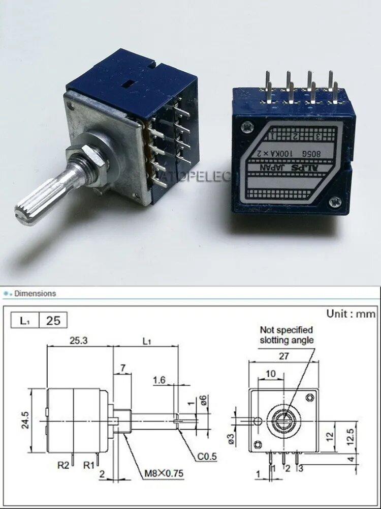 1x ALPS RK27 100KAX2 8pin Шестерня рукоятка стереозвуковой аттенюатор Двойной 100k