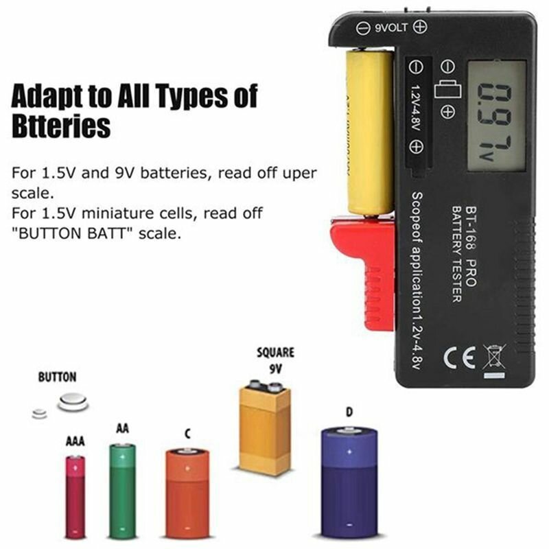Батарейный тестер совместимый с AA AAA C D 1.5V 9V 18650 черный с отображением ёмкости и напоминанием о замене