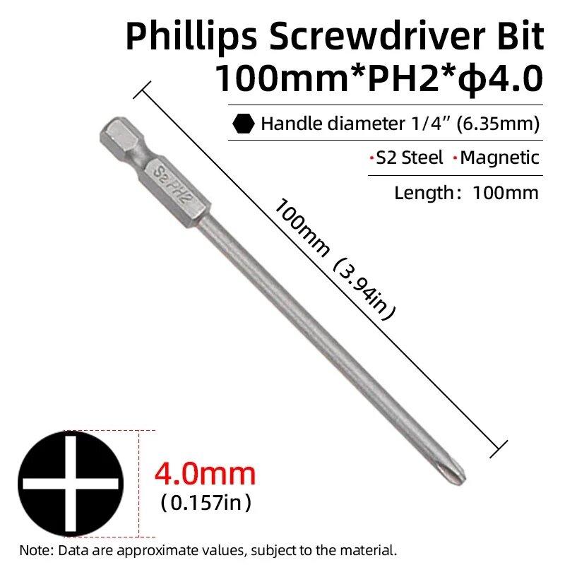 Магнитная крестовая отвертка PH1 PH2, стальная, 100 мм 1Pc PH2 100mm 4.0