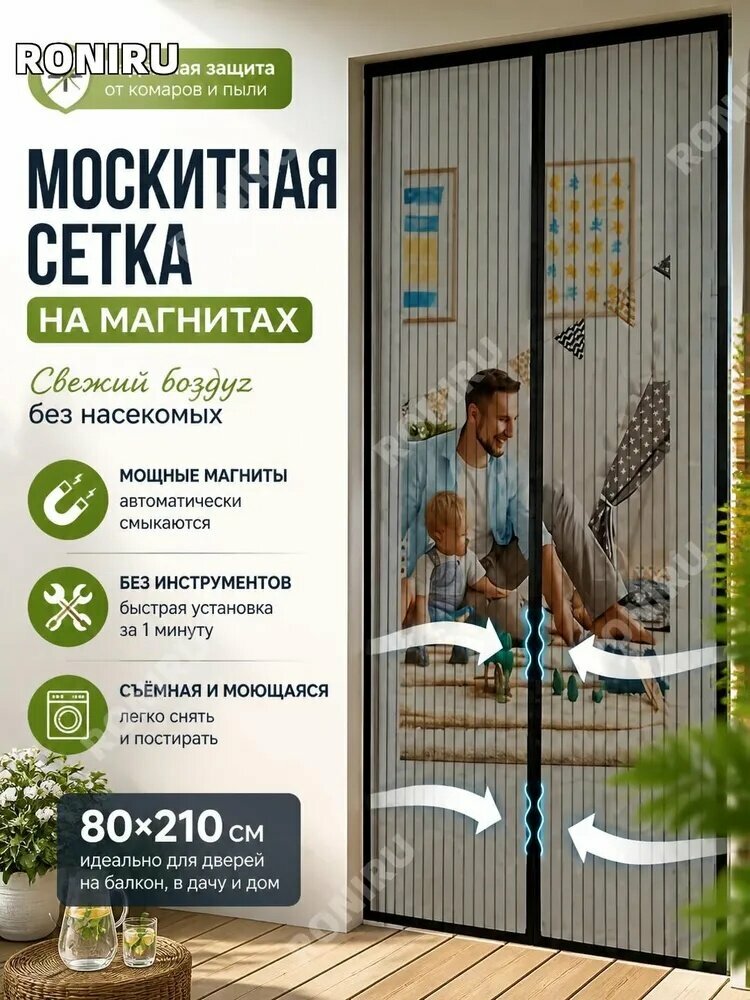 Москитная сетка на дверь с магнитами, антимоскитная штора 80 210 см для балкона и дачи, защита от комаров и пыли без инструментов, съёмная сетка-штора GEALFIS