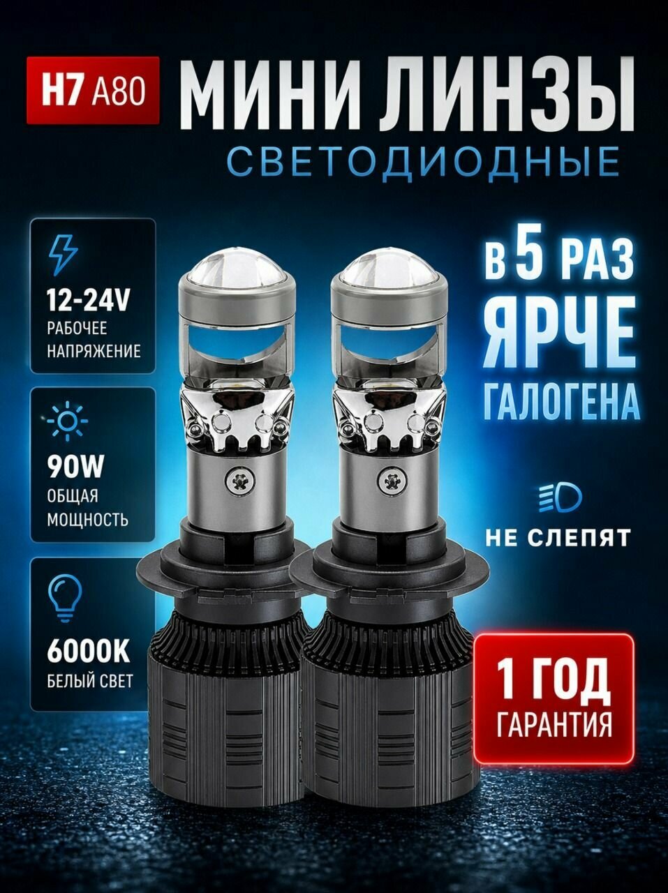 Мини линзы H7 A80 СТГ, 6000K Лампа светодиодная с линзой h7, Линзы для ближнего и дальнего света, 2 шт