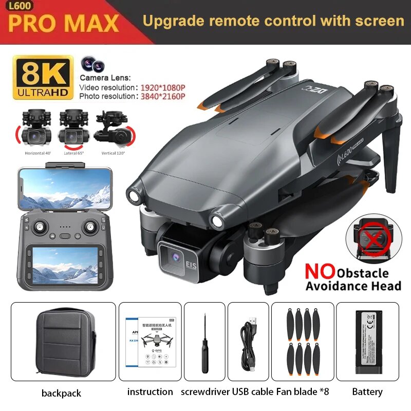 Дрон L600 Pro MAX с 4K профессиональной HD камерой, 3-осевым гибелем, GPS, системой безопасности, обходом препятствий, WIFI FPV, радиоуправлением, квадрокоптер-игрушка UVA