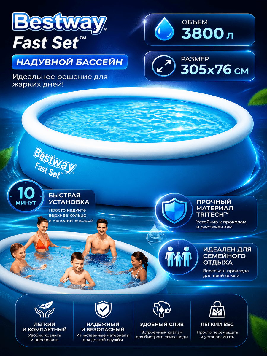 Бассейн надувной BESTWAY Fast Set 3800л 305x76см, Арт. 57266
