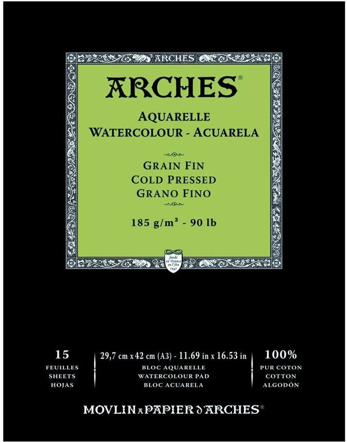 Arches альбом для акварели CP Watercolour 100% хлопок 185 г/м2, 15 листов А3 29.7 х 42 см, склейка по одной стороне, Среднезернистая, A1795219