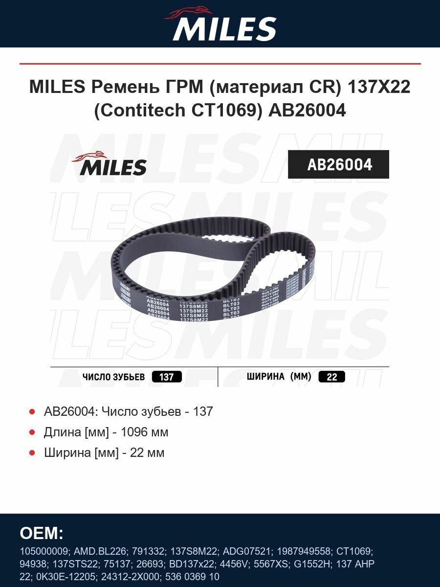 MILES Ремень ГРМ (материал CR) 137X22 (Contitech CT1069) AB26004